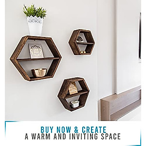 Rustic Wall Mounted Hexagonal Floating Shelves – Set of 3 – Large, Medium and Small – Screws and Anchors Included - Farmhouse Shelves for Bedroom, Living Room and More – Honeycomb Wall Décor - Torched