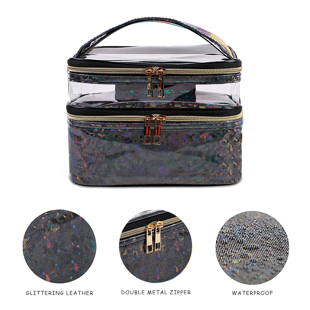 imerelez Double-layer Makeup Bag Cosmetic Bag Travel Makeup Cases Organizer Toiletry Bag Gift for Girls Women, Portable Waterproof (Black)