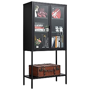 MATICO Metal Storage Cabinet, 59"(H) x30(L), Freestanding Pantry Locker, Accent Display Bookcase with Glass Doors, Modern Organizer Cupboard for Office, Living Room, Kitchen Console Sideboard, Black