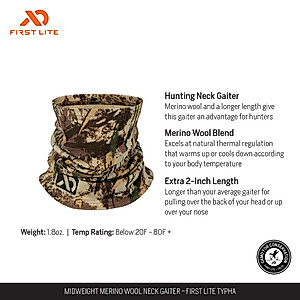First Lite Midweight Merino Wool Neck Gaiter - Warm Camo Hunting Face Mask - First Lite Typha - One Size