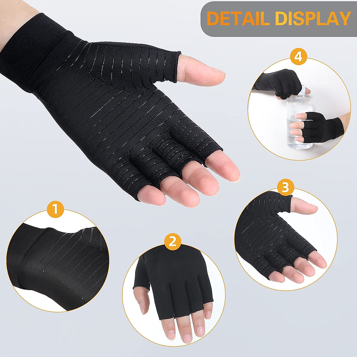 Donfri 2 Pairs Copper Infused Compression Arthritis Gloves, Fingerless Carpal Tunnel Pain Relief Gloves For Men Women, Hand Support Wrist Brace Rheumatoid, Tendonitis, Swelling, Crocheting, Typing (M)