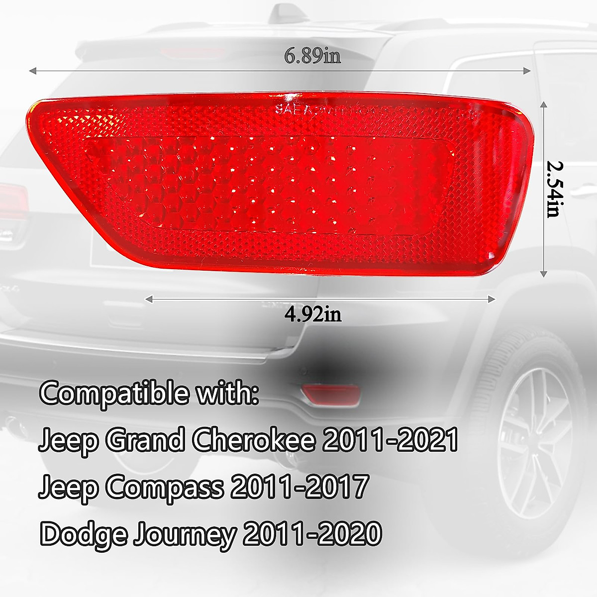 WGOHUI 57010720AC Right Passenger Side Rear Reflector Light Compatible with Jeep Grand Cherokee 2011-2021, Jeep Compass 2011-2017, Dodge Journey 2011-2020 with Fascia, Red Lens, CH1185100