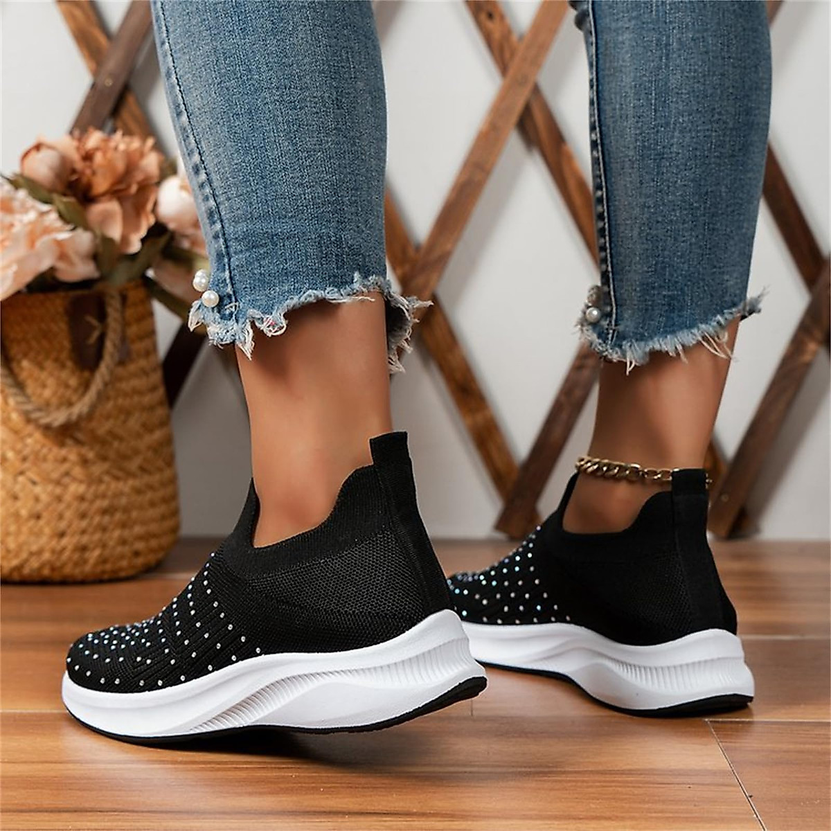 HINDOLA Women's Fashion Rhinestone Mesh Sneaker Knit Slip On Shoes Breathable Glitter Walking Shoes Ballroom Jazz Latin Dance Sock Sneakers Black
