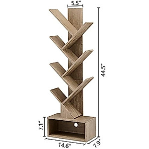 Hoctieon 6 Tier Tree Bookshelf, 6 Shelf Bookcase with Drawer, Modern Book Storage, Free Standing Tree Bookcase, Display Floor Standing Storage Shelf for Books, Utility Organizer Shelves