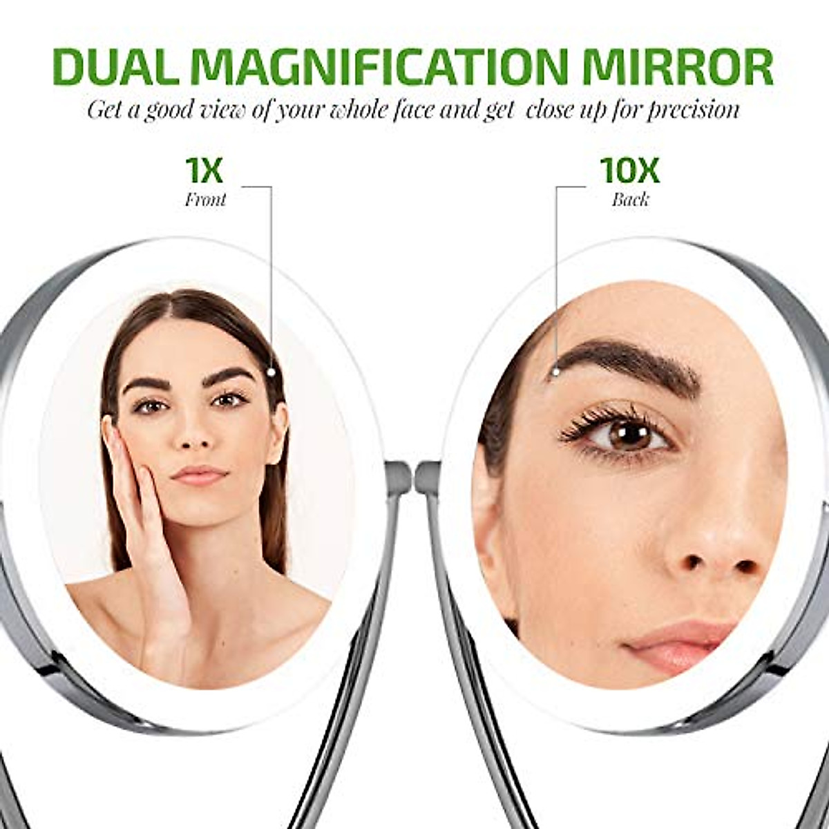 Ovente 8" Lighted Tabletop Makeup Mirror with 1X/10X Magnification, Double-Sided Magnifying Vanity Mirror, Dimmable LED Lights, 360° Swivel Design and Dual Power Supply, Polished Chrome MLT75CH1X10X