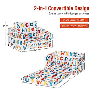 Costzon Kids Couch, 2 in 1 Flip Open Children's Sofa w/Velvet Fabric, Storage Pockets, Toddler Armrest Chair Bed for Nap Play Sleep, Ideal Gift for 0-4 Years Old Baby Boys Girls, Alphabet