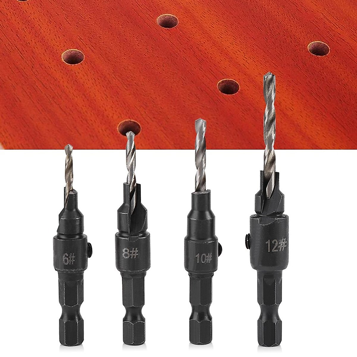 HSS Countersink Drill Bit, #6#8#10#12 1/4inch Hex Shank Drill Bits HSS Countersink Drill Bit Set with Small Wrench Countersink Woodworking Tool