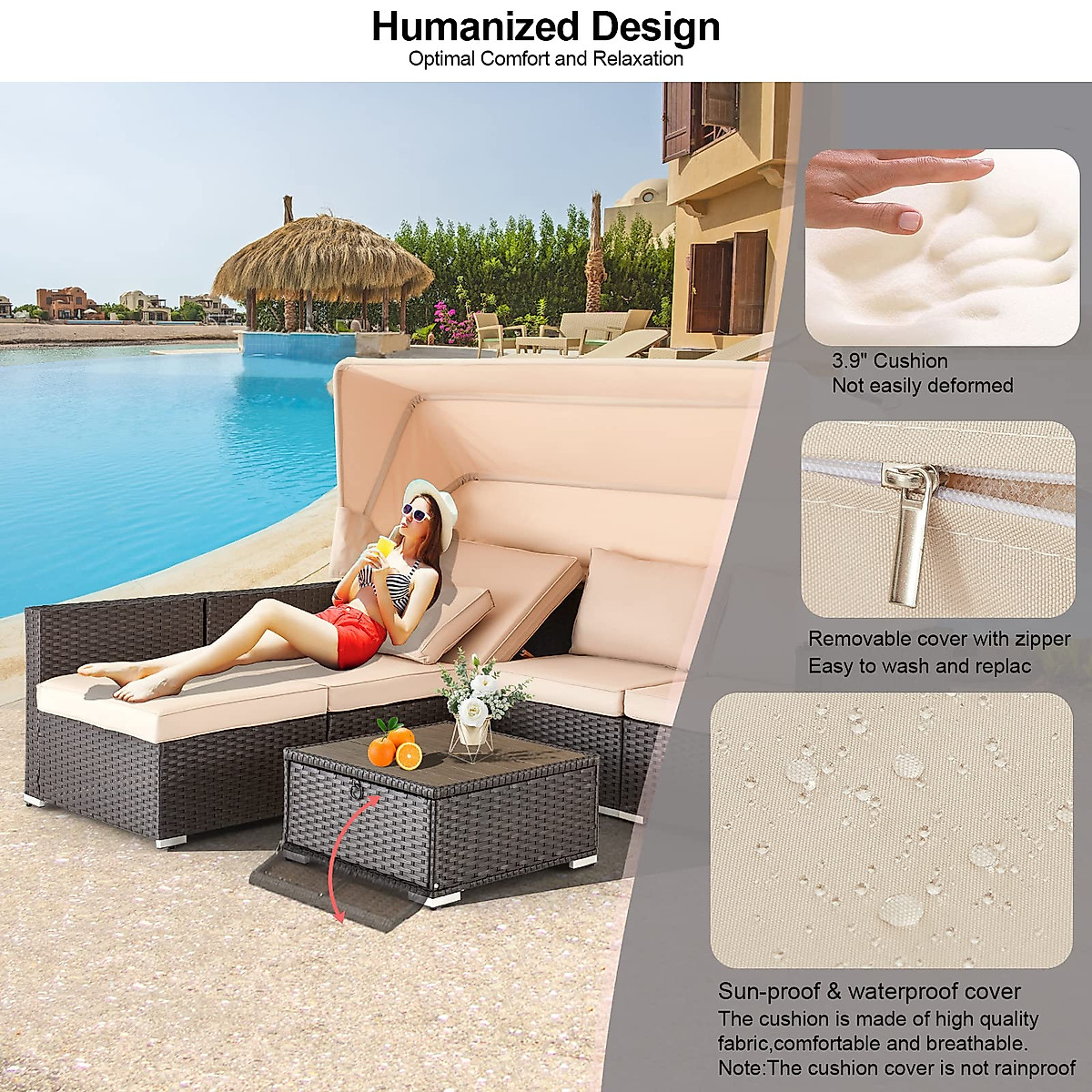 HOMREST 6 Pieces Patio Furniture Sets, Rattan Daybed with Retractable Canopy, Outdoor Sectional Sofa Set with Adjustable Backrest, Chaise Chair Sunbed for Garden Poolside Backyard (Khaki)