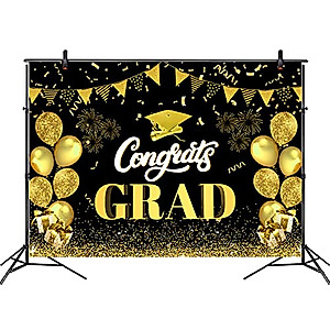 HVEST Congrats Grad Backdrop Black and Gold Balloon Class of 2023 Photography Background for Graduation Party Decorations Graduation Banner Cake Table Decor Photo Booth Props,7x5ft