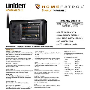 Uniden HomePatrol-2 Color Touchscreen Simple Program Digital Scanner, TrunkTracker V and S,A,M,E, Emergency/Weather Alert, APCO P25 Phase 1 and 2! Covers USA and Canada, Quick Record and Playback