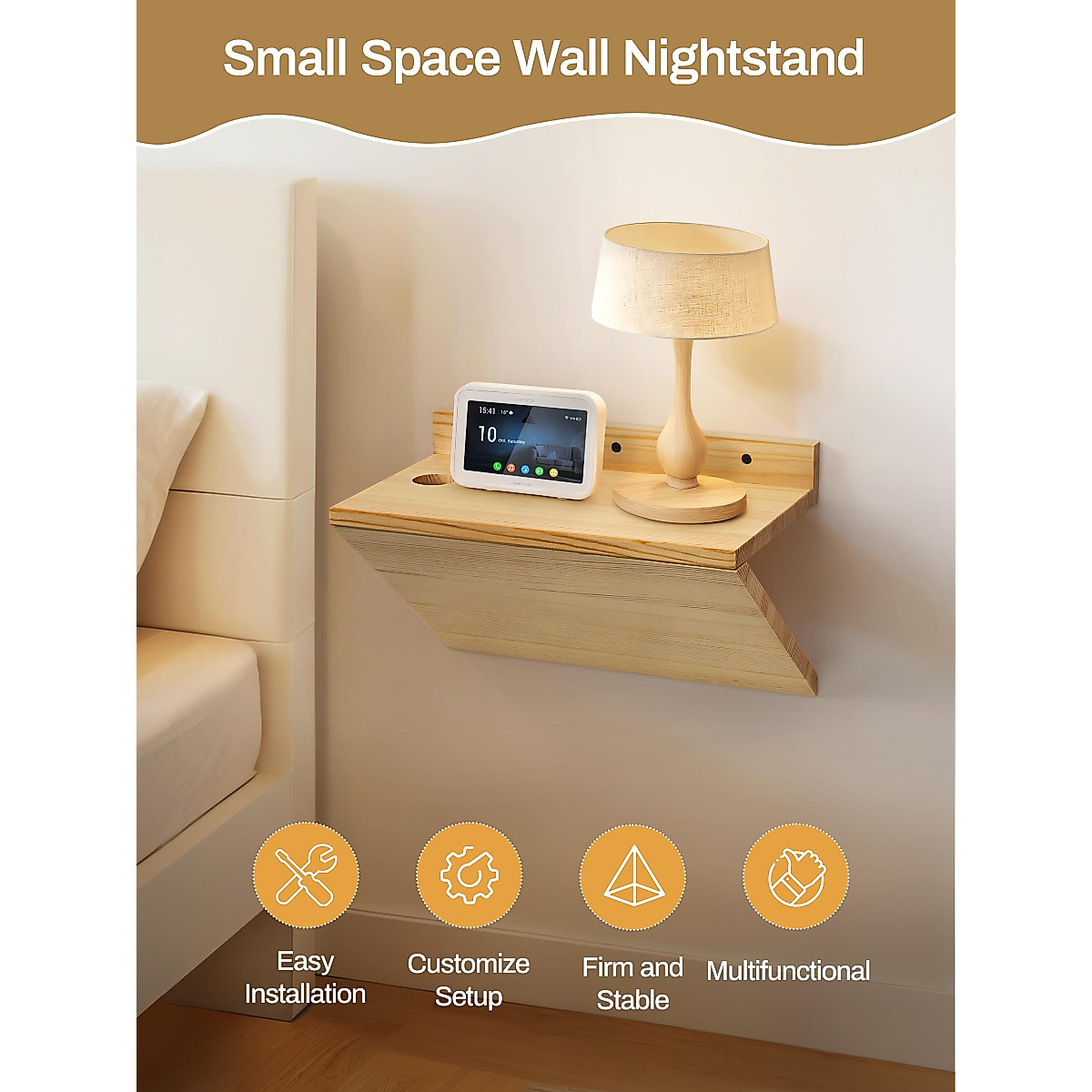Sivapleso Floating Nightstand Set of 2, Natural Solid Wood Floating Bedside Tables Small Wall Mounted Nightstand Hanging for Bedroom