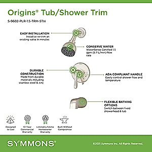 Symmons S-9602-PLR-1.5-TRM-STN Origins Single Handle 1-Spray Tub and Shower Faucet Trim in Satin Nickel - 1.5 GPM (Valve Not Included)