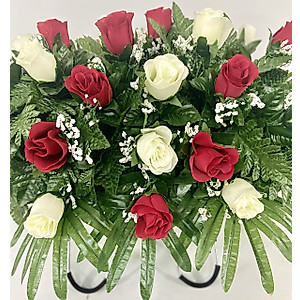 Cemetery Headstone Saddle Flower Arrangement in Red and Cream Roses-Grave Marker Decoration, Sympathy Flowers