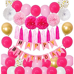 Amandir Hot Pink Birthday Party Decorations, Pink Gold White Confetti Latex Metallic Balloons with Happy Birthday Banner Paper Pom Poms Tassels Mother's Day Birthday Party Supplies for Mom Women Girls