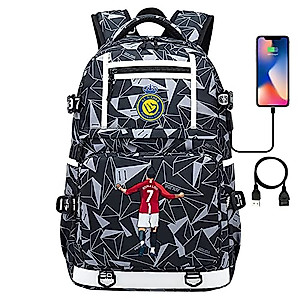 Gin-back Lightweight Cristiano Ronaldo Daily Bookbag CR7 Daypack with USB Charging-Durable Travel Knapsack for Teens