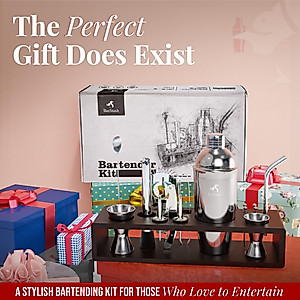 BarStash Bartender Kit - Premium Bar Tools Set with Unique Wooden Stand - House Warming Gifts New Home - Bar Accessories Home Bar Set, Cocktail Set, Bar Kit - Cocktail Recipe E-Book -Stainless Steel