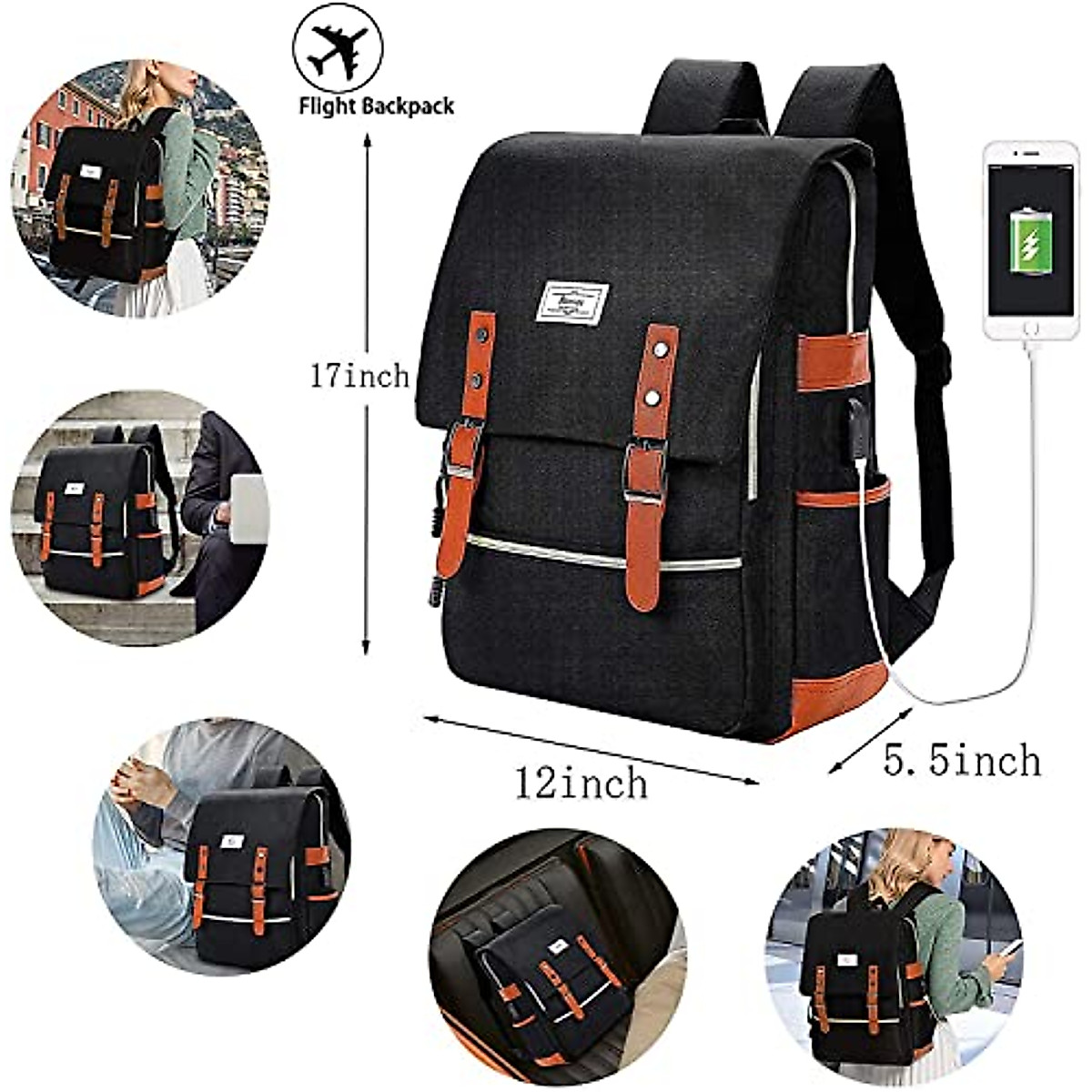 Ronyes Vintage Laptop Backpack College School Bag Bookbags for Women Men 15.6’’ Laptop Casual Rucksack Water Resistant School Backpack Daypacks with USB Charging Port (Black)