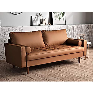 Container Furniture Direct Womble Mid Century Modern Couch with Bolster Pillows, PU Leather Upholstered Tufted Seat, Versatile Retro Design for Comfortable Living Spaces, Sofa, Coffee Brown