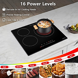Electric Cooktop 24 Inch, ECOTOUCH Built-in Electric Stove Top 3 Burner Cooktops, ETL & FCC Certificated Glass Radiant Electric Stovetop 6600W, Upgraded 16 Power Levels, 220-240V for Hard Wire