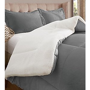 Elegant Comfort Super Soft Sherpa Comforter 3-Piece Set Premium Quality, Heavy Weight Reversible Down Alternative Micro-Suede, Sherpa Comforter, Cal King, Silver Gray