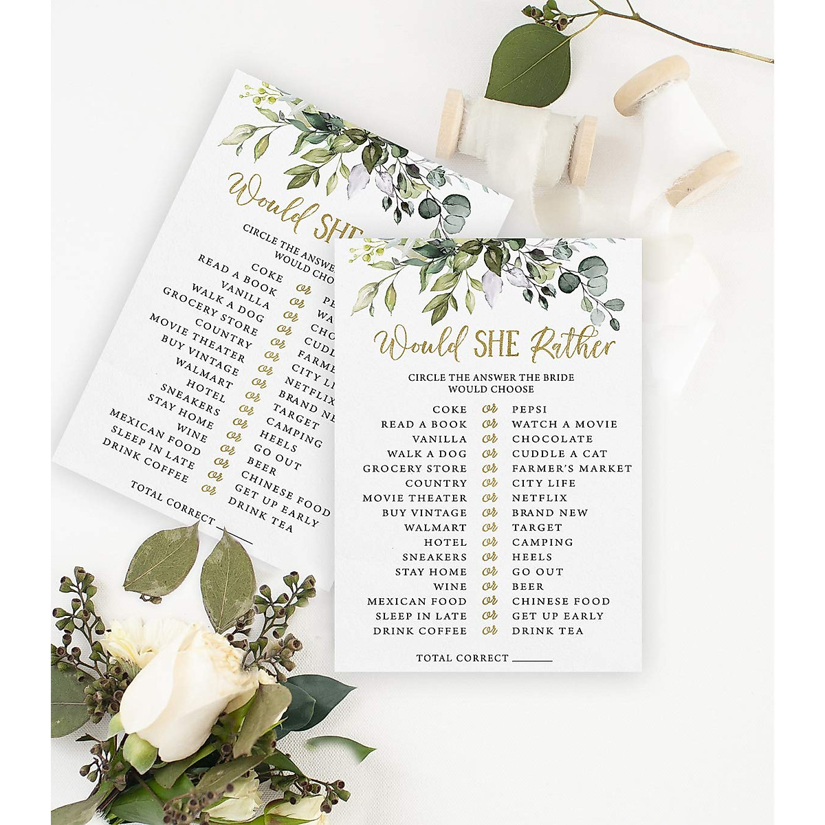 Printed Party Bridal Shower Games – Would She Rather Game with Fun Bride-to-Be Trivia, Wedding Shower Activity, Botanical Eucalyptus Theme, 50 Guests