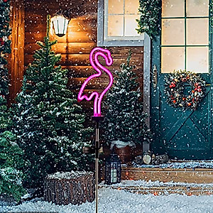 Solar Pink Flamingo Yard Ornaments w/Stakes, Solar Landscape Lights Outdoor Waterproof Neon Strip for Garden Pathway Patio Lawn Flowerbed Beach Party Wedding, 30" Tall (2 Pack)