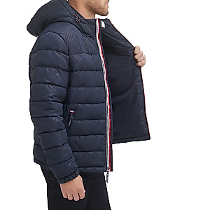 Tommy Hilfiger Men's Midweight Sherpa Lined Hooded Water Resistant Puffer Jacket, Tommy Logo Tech, Small