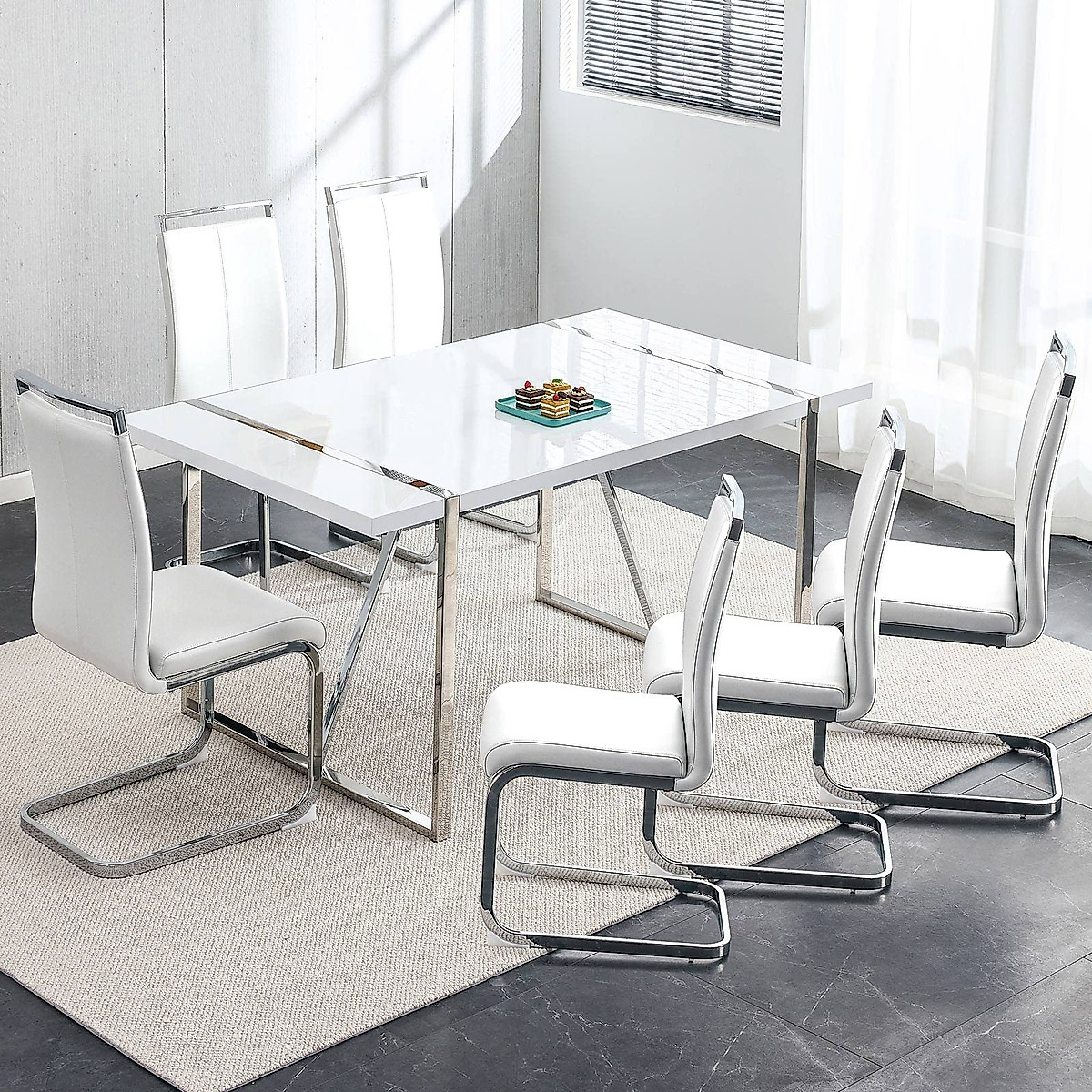 Dining Table Set for 6，White Rectangular MDF Kitchen Table and Leather Dining Chairs Set of 6, 7 Piece Dining Table Set，Modern Metal Frame Dining Room Table Set 6 with Metal Frame For Kitchen