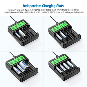 POWXS Universal Lithium 18650 Battery Charger for 3.7V Li-ion 18650 26650 18490 17670 17500 22650 21700 20700 18350 16340 RCR123A 14500, AA AAA & C Ni-MH Ni-CD Rechargeable Batteries