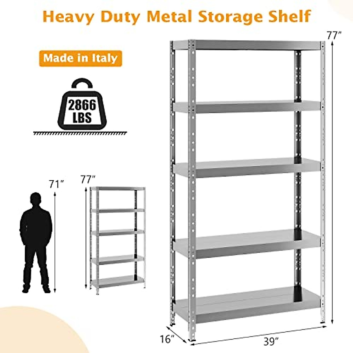 Tangkula Garage Storage Shelves, 5-Tier Metal Shelves for Storage, Shelving Unit with Foot Pads, Heavy Duty Storage Rack, 2866LBS Load Capacity, Bolt-Free Assembly, 39 x 16 x 77 Inches (1, Silver)