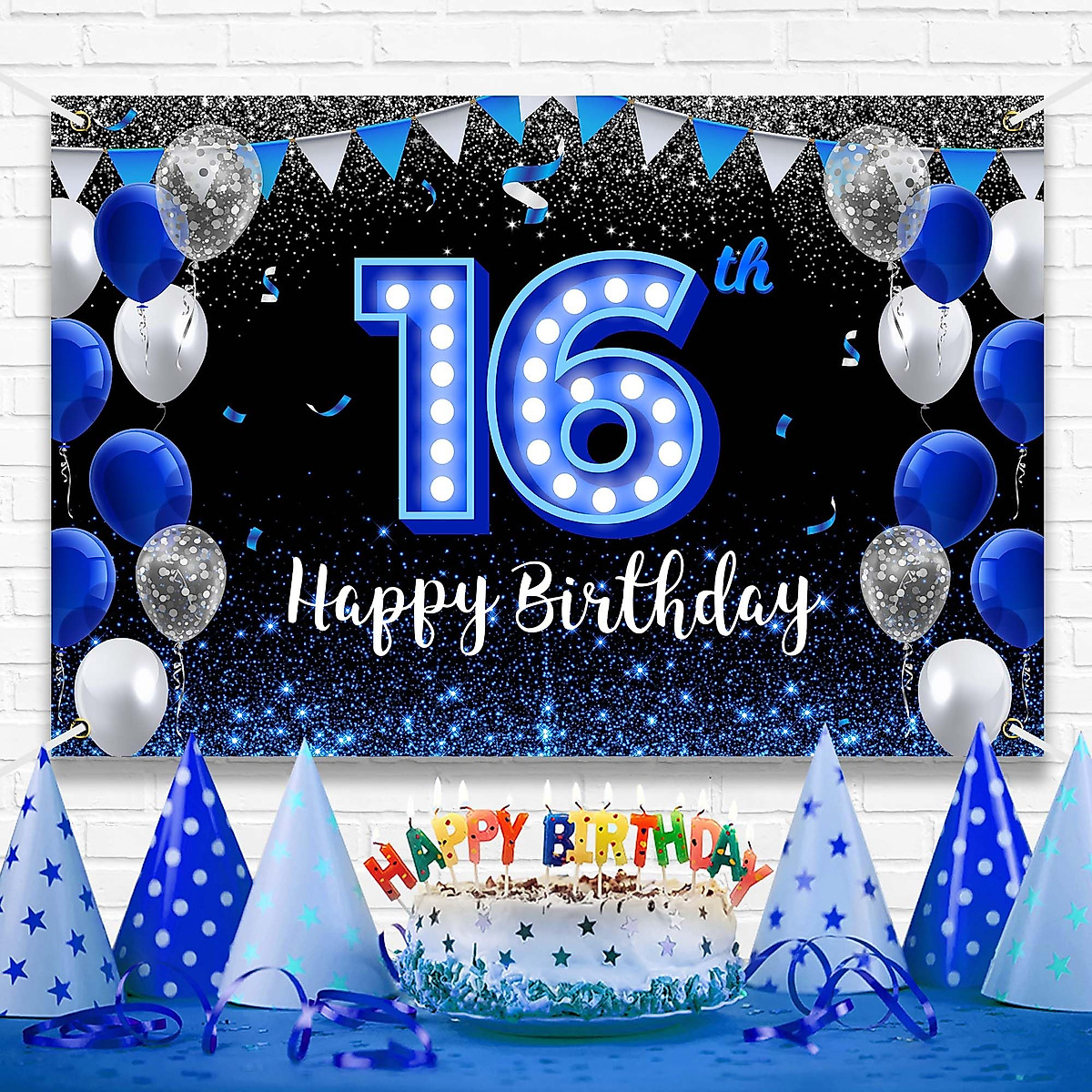 Happy 16th Birthday Backdrop Banner Blue Black Theme Background With Blue Neon Light Shiny Fashion Birthday Party Photo Photography Prop Booth Background for Boys Girls Celebration 70.8x47.2in-BECKTEN