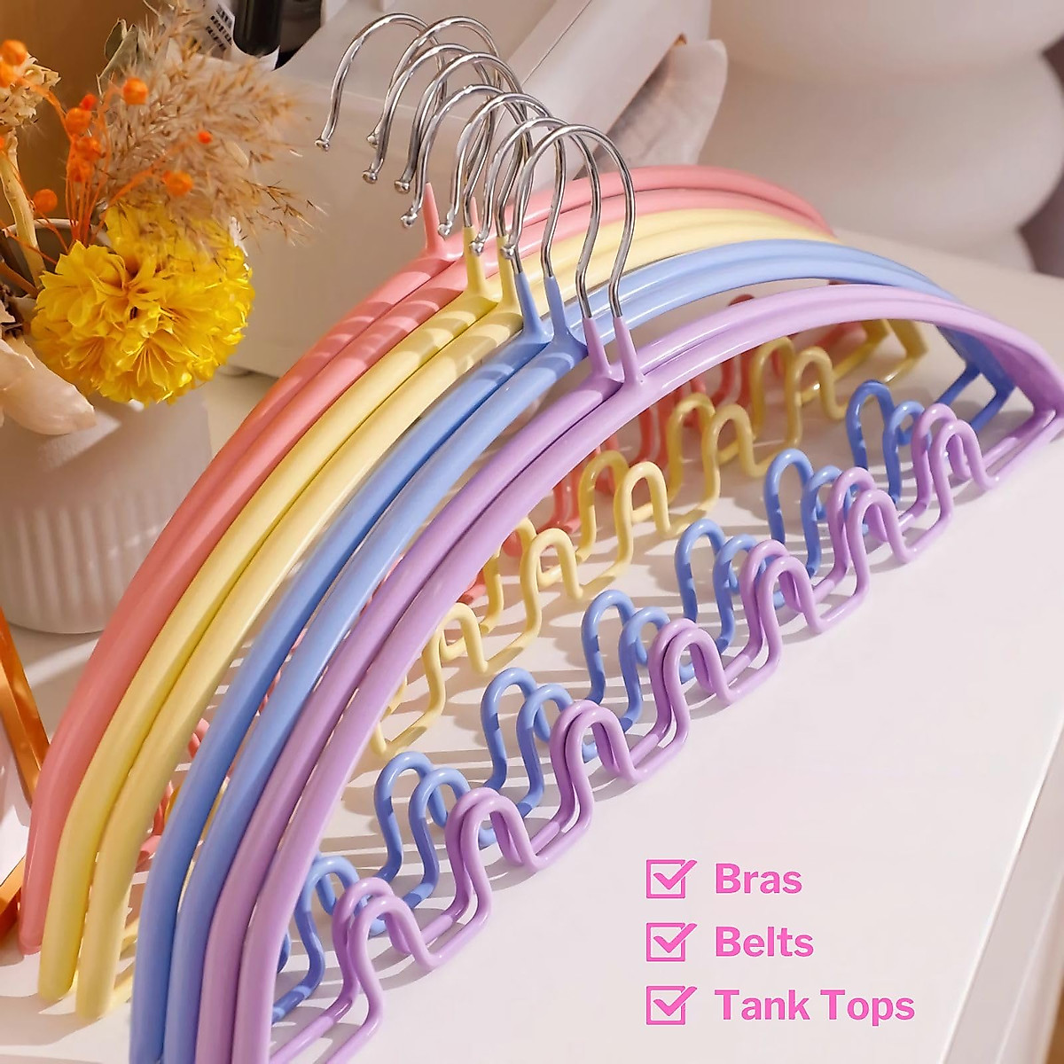 2THESTARS 5-Pack Hangers for Heavy Duty, Multi-Function Non-Slip Space Saver, Ideal for Belt, Tank Tops, Bras, Clothes Organization,Stainless Steel, Rust-Proof, Oxidation Resistant (Yellow)