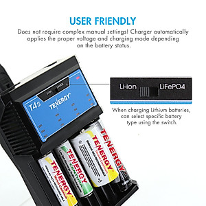 Tenergy T4s Intelligent Universal Charger, 4-Slot Battery Charger for Li-ion, LiFePO4, NiMH and NiCd Rechargeable Batteries,18650, 14500, 26650, AA AAA C Cell Battery Charger with Car Adapter