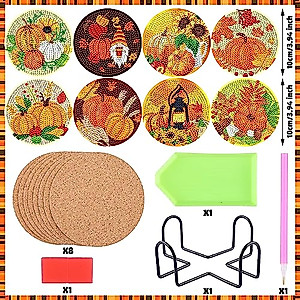 8 PCS Fall Diamond Painting Coasters Pumpkin Diamond Art Coasters 5D Full Drill Diamond Coasters Kit Thanksgiving Drink Cup Coaster Round with Cork Base Holder for Autumn Harvest Party Supplies