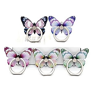 Ralcosuss Cute Butterfly Phone Ring Finger Holders, Cell Phone Ring Stands Mount Smartphone Kickstand for Desk 360 Degree Rotation(5Packs)