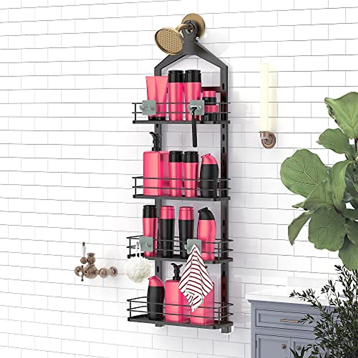 Nieifi 4 Tier Anti Swing Over Head Shower Organizer Basket Shelf, Hanging Shower Caddy, Rust Proof Bathroom Shelves Black