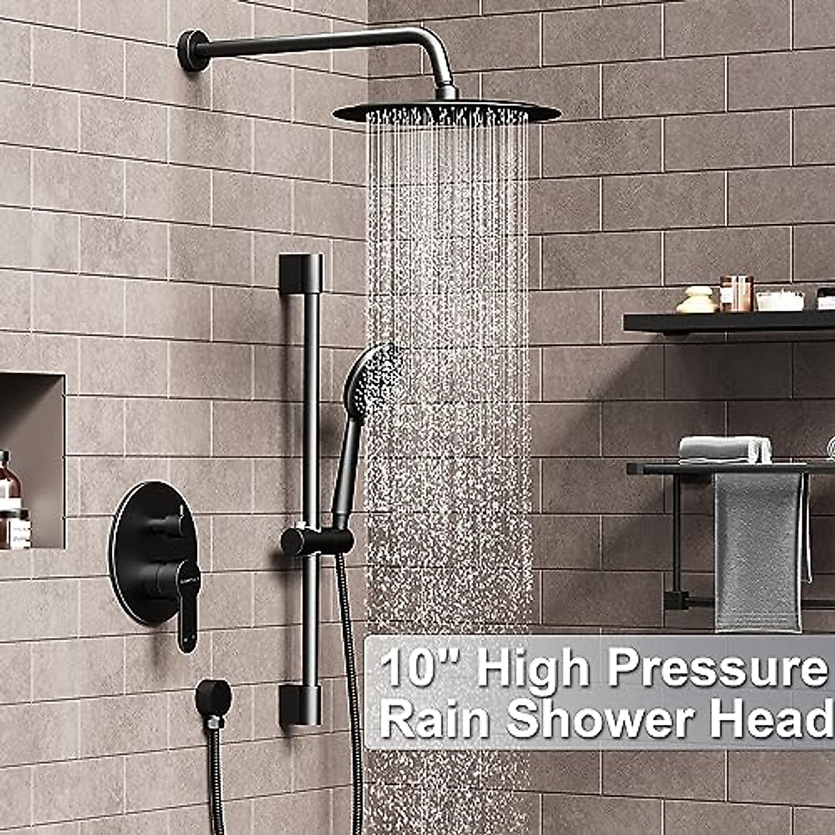 Gabrylly Shower System Black, Wall Mounted Slide Bar Shower Faucet Set Complete,High Pressure 10" Rain Shower Head with 5-Setting Handheld Shower,Shower Combo Set with Shower Valve