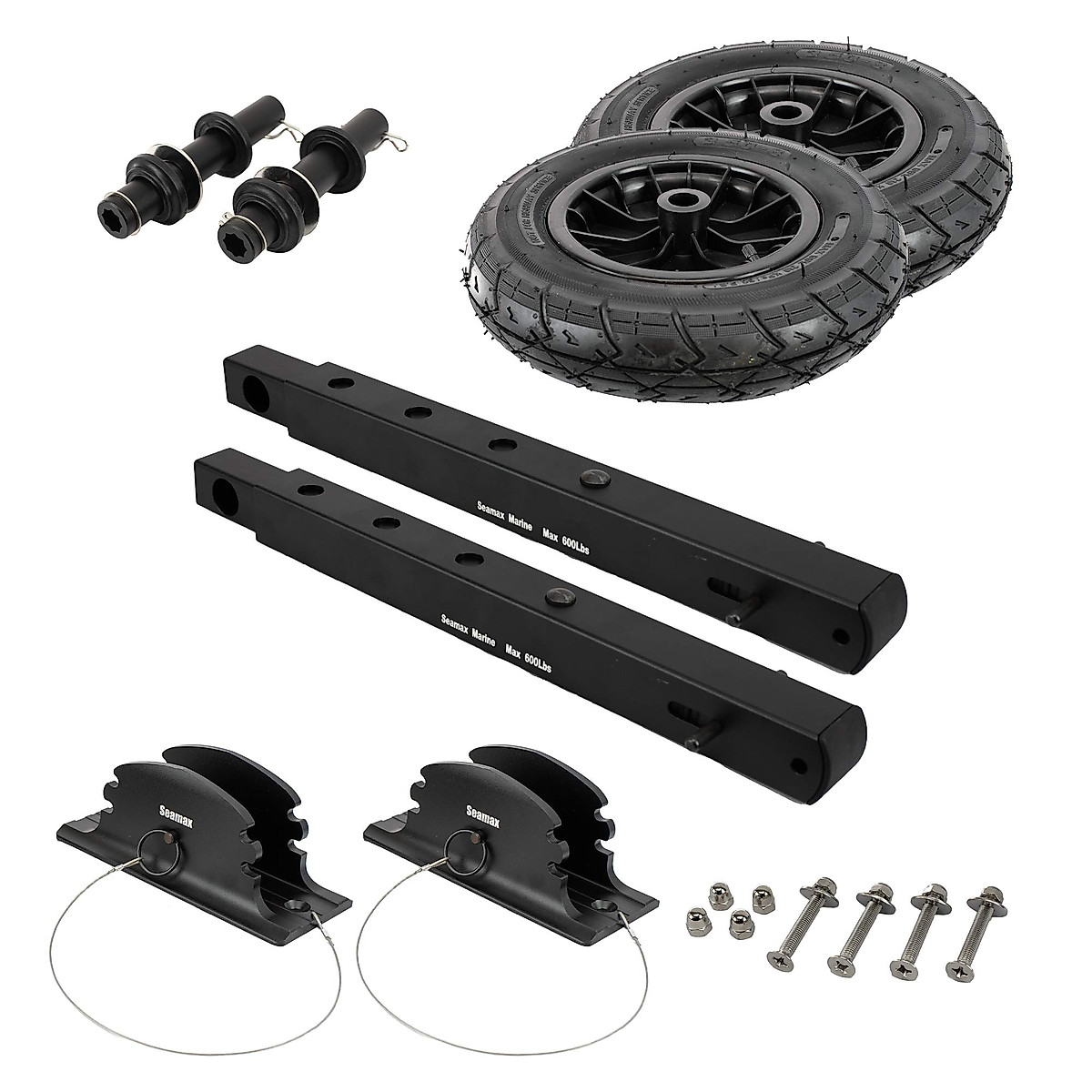 Seamax Deluxe Boat Launching Wheel System, Black Military Edition, 4 Positions and 4 Stages Removable and Adjustable Legs, 14" Pneumatic Wheels. Max Support Water Craft Weight 600Lbs