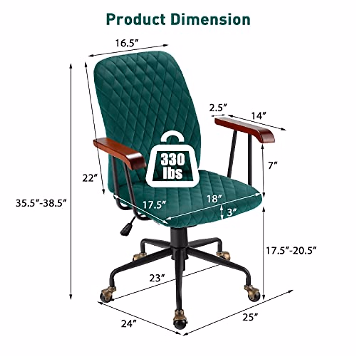 Velvet Home Office Desk Chair with Wooden Armrests, Adjustable Swivel Vintage Mid-Back Leisure Chair with Padded Seat, Task Chair Upholstered Computer Chair for Work Study (Green)