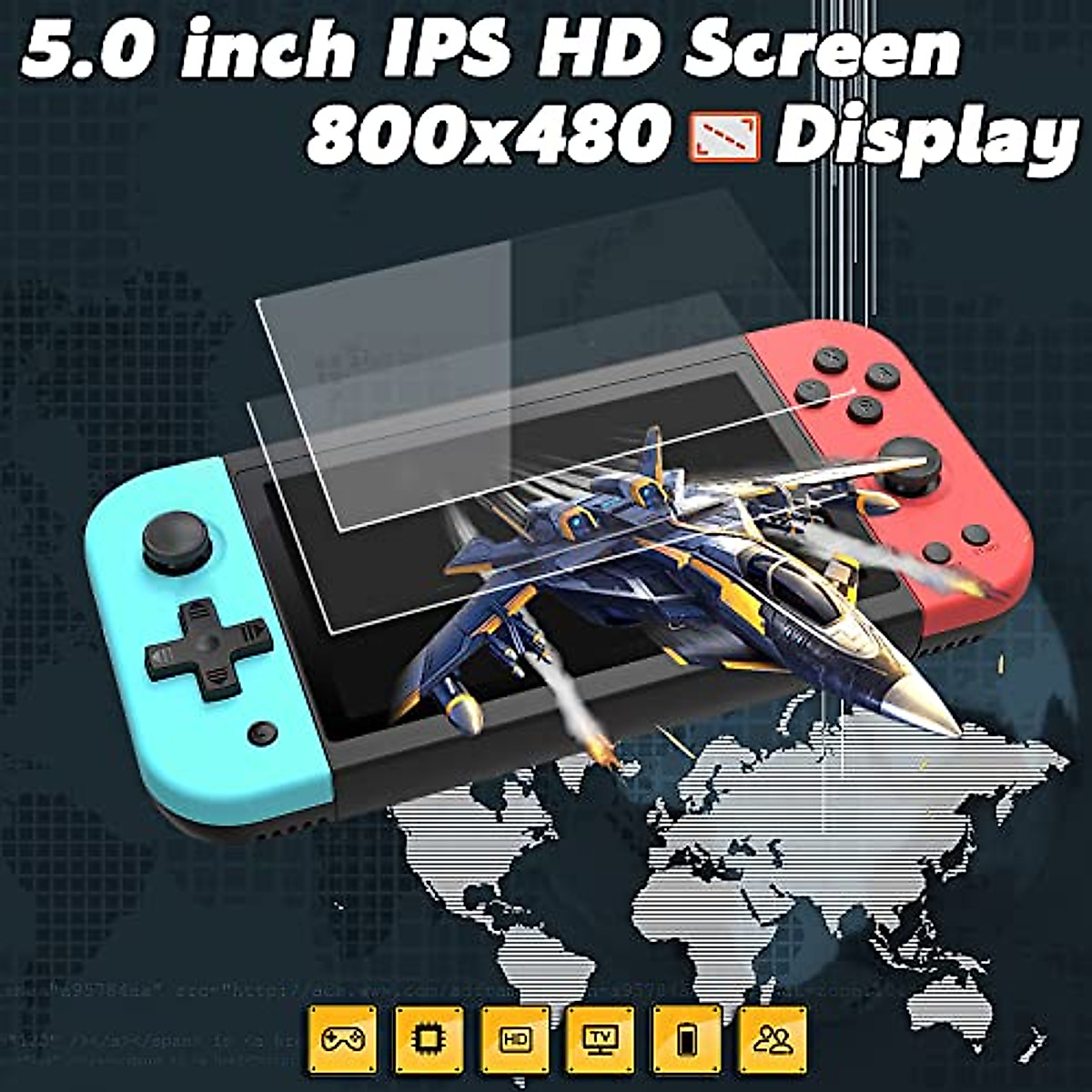 X51 Handheld Game Console 5.0 inch Pro Retro Games Consoles Classic Video Games Built-in Preinstalled Rechargeable Battery Portable Style Gaming Consoles 64GB Blue Red