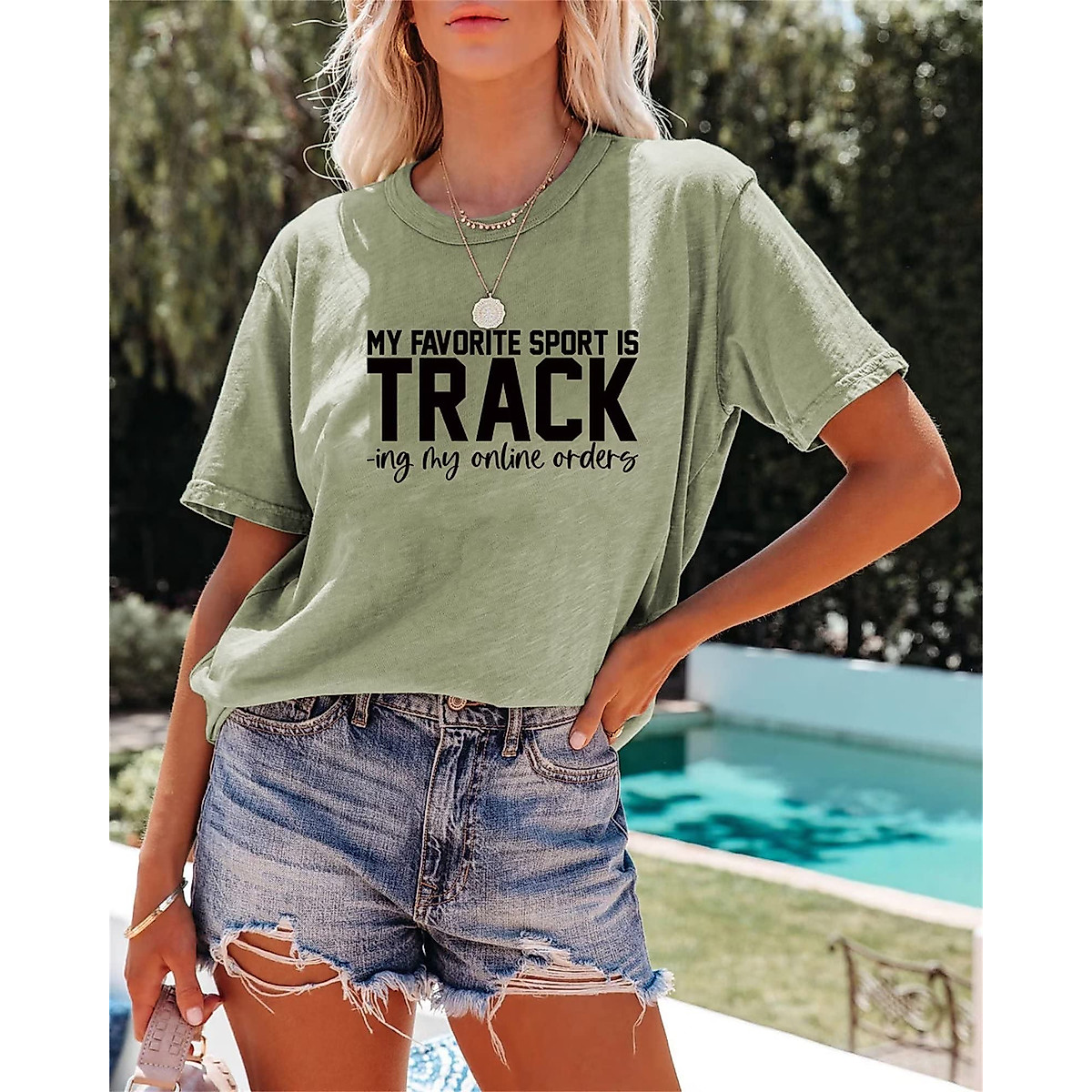 Funny Short Sleeve Shirts for Women Graphics Tees My Favorite Sport is Track -ing My Online Orders Cute Letter Tshirt Tops