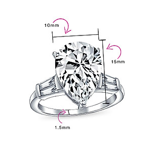 Bridal Wedding 7CT AAA CZ Pear Shaped Brilliant Cut Solitaire Teardrop Statement Engagement Ring For Women Thin Band .925 Sterling Silver Cubic Zirconia Baguette Side Stones