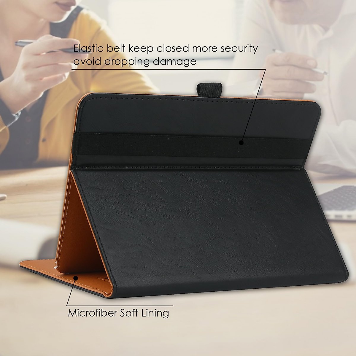 HGWALP Universal Case for 7inch-8inch Tablet,Multi-Viewing Angels PU Leather Stand Folio Case Cover with Handstrap for HD 7" 8" Touchscreen Tablet, with Adjustable Fixing Silicon Band-Black