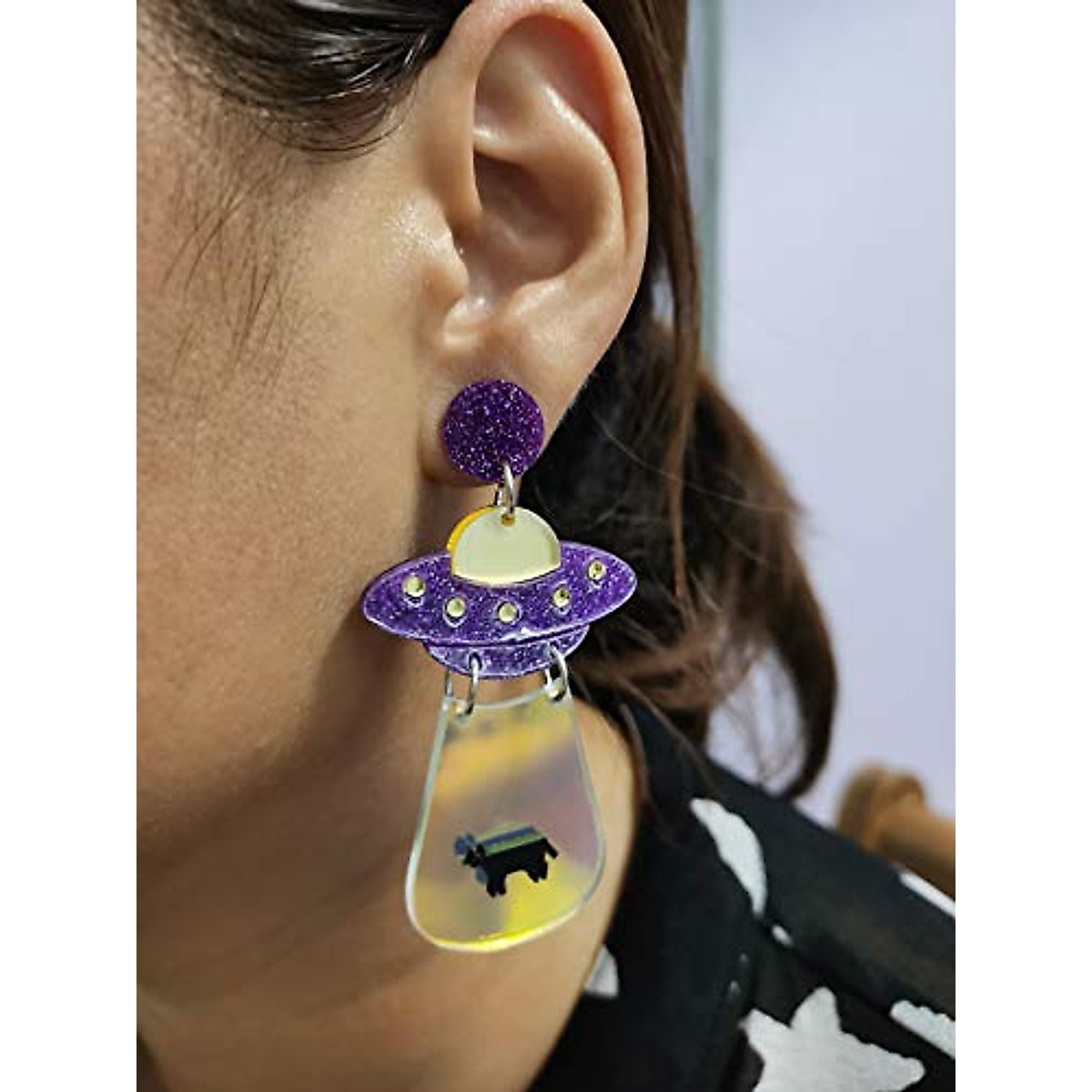 ASKANA Women`s Fashion and Fun Acrylic Big Cute UFO Aliens Cosmos and Space Drops Stud Earrings