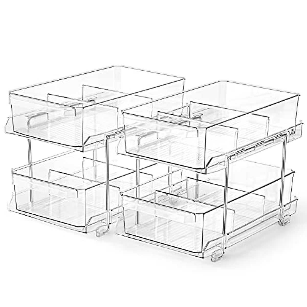 LANDNEOO 2 SET, 2 Tier Clear Organizer with Dividers & 2 Set, 2 Tier Pull-Out Under Sink Organizer and Storage with Dividers