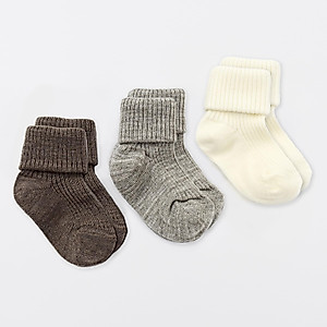 Woolino Wool Baby Socks from, Washable Merino Wool Infant Toddler Kids Socks, 6-12 Months, Cocoa/White (Pack of 3)