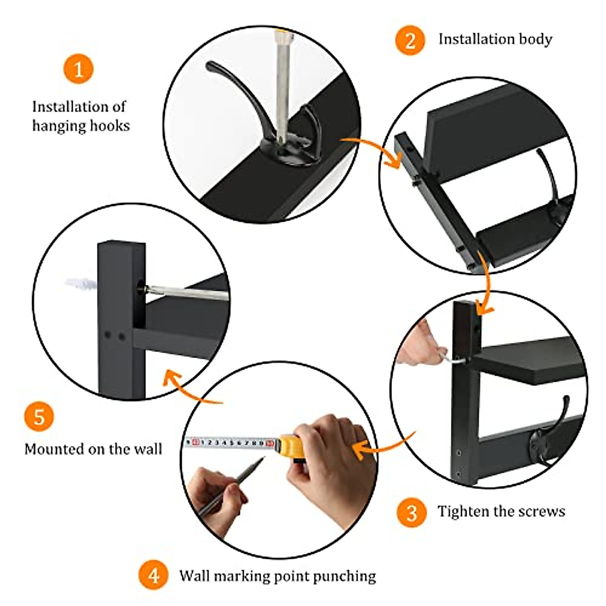 BAMEOS Wall Hooks with Shelf 28.9 Inch Length Entryway Wall Hanging Shelf Wood Coat Hooks for Wall with Shelf Wall-Mounted Coat Hook Rack with 5 Dual Hooks for Bathroom, Living Room, Bedroom (Black)