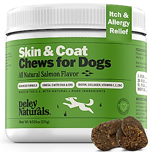Deley Naturals Dog Allergy Chews - Omega 3 Fish Oil for Dogs with DHA & EPA, Biotin, Collagen, Vitamins C, E, & Zinc, Supports Shiny Coat - Dog Itching Relief Salmon Flavor - Dry Skin Relief for Dogs