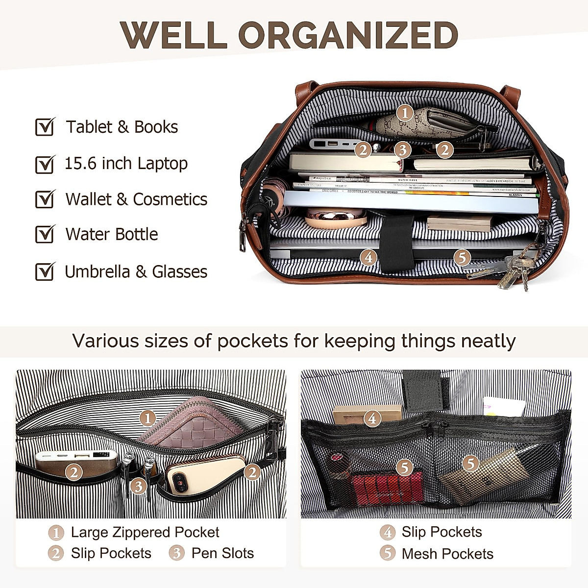 Kasqo Laptop Tote Bag for Women, 15.6 Inch Shockproof Computer Work Teacher Bag, Large Capacity Waterproof Handbag with Luggage Sleeve, Black and Brown