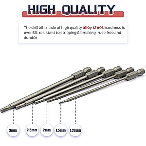 HOPLEX 5PCS RC Hex Bit 1.27mm 1.5mm 2.0mm 2.5mm 3.0mm Hex Head Allen Wrench Drill Bit Set for Screwdrivers Electric Screwgun/Power Drill